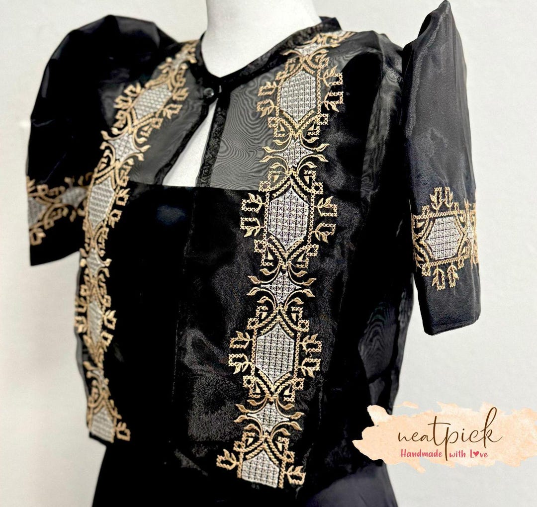 Modern Filipiniana Bolero Black Piña Organza W/ Embroidery & Mestiza ...