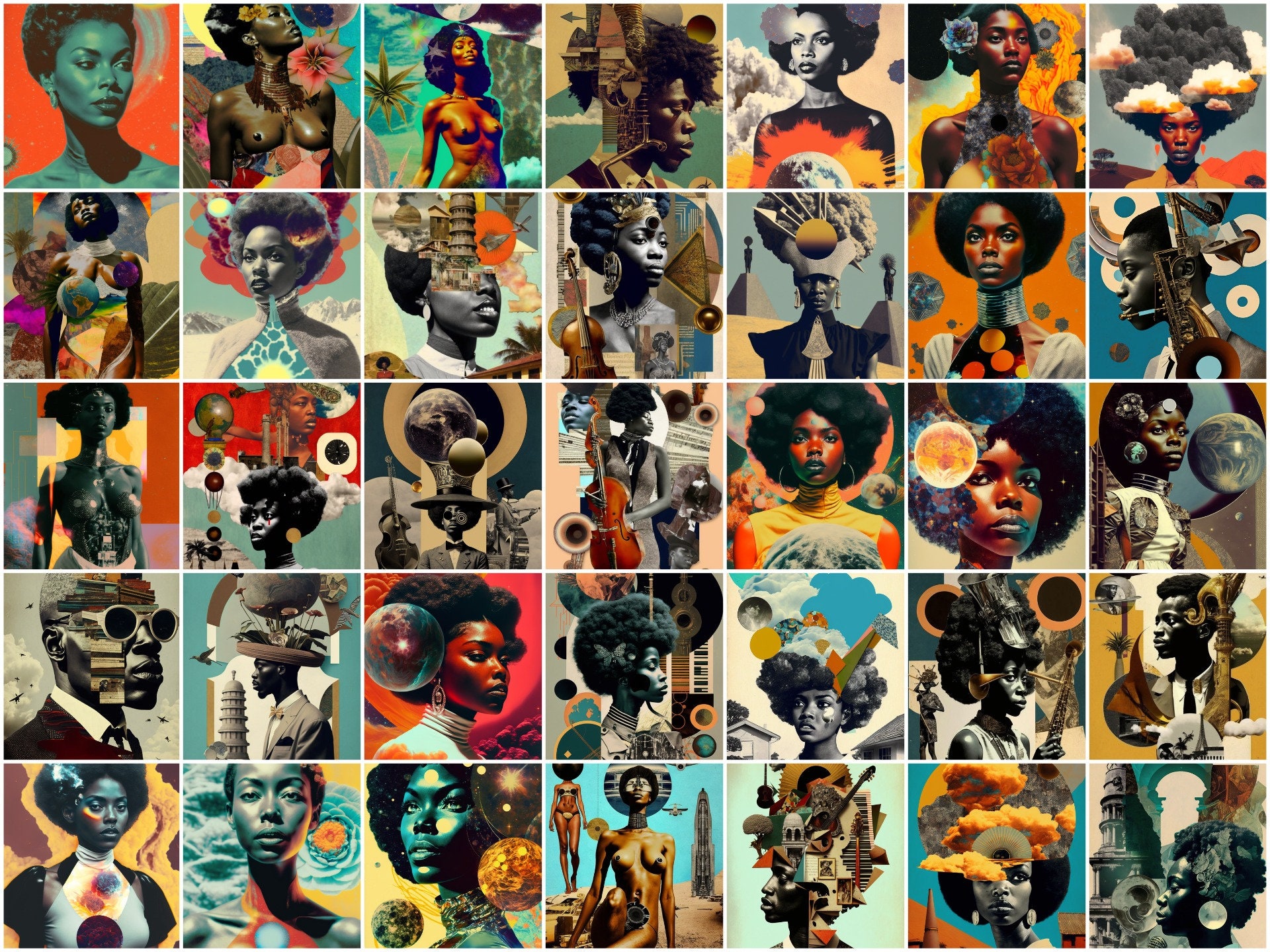 35 Piece Surreal Afrocentric Collage Kit, Printable Black Culture Wall ...