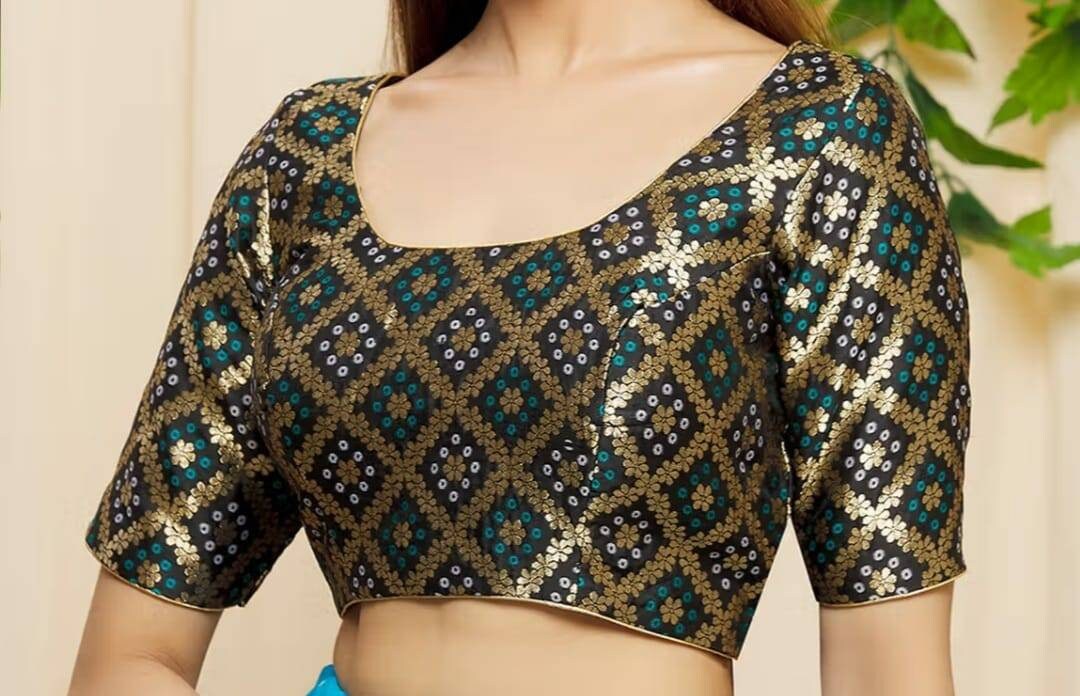 Black Bandhni Print Brocade Blouse in Round Neck and Elbow - Etsy