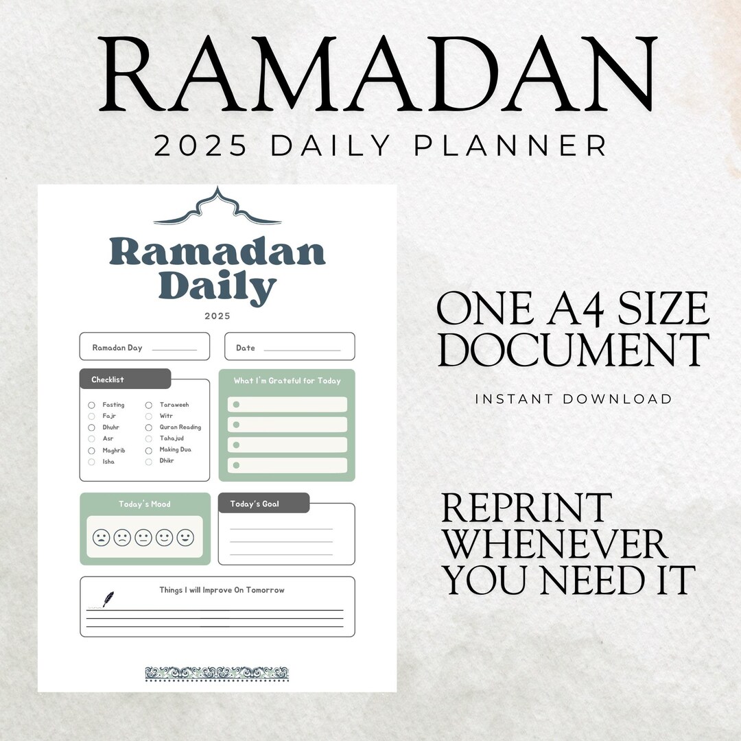 Ramadan Daily Planner 2025, Prayer, Gratitude Checklist, A4 Islamic ...