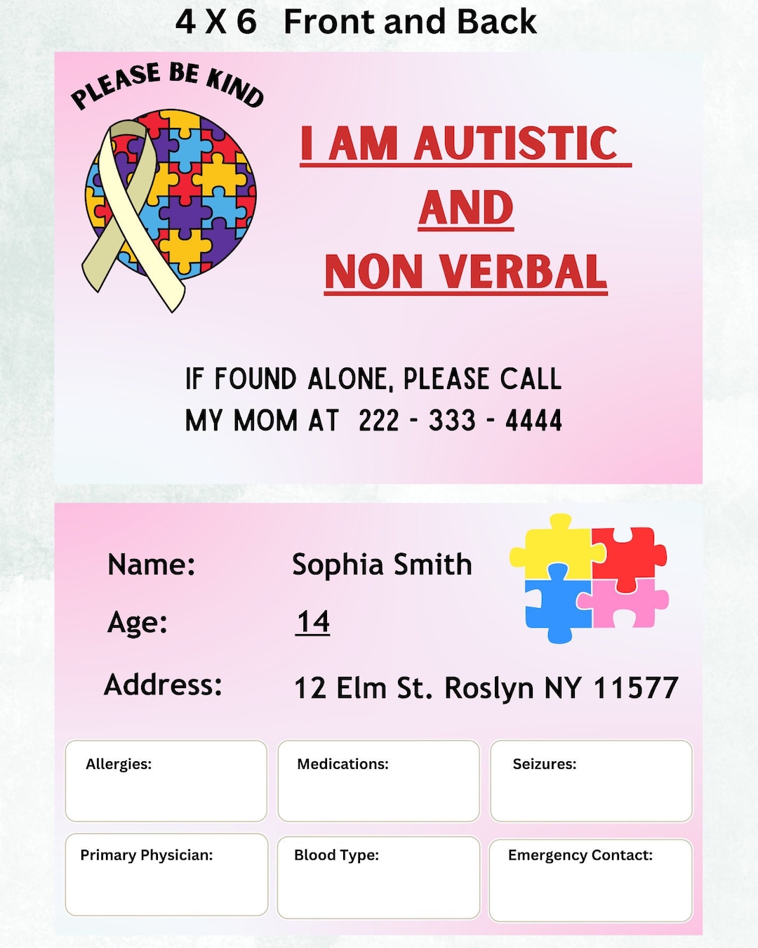 Autism ID Card, Autism Name Tag, Autism Emergency ID, Autism Safety Tag ...