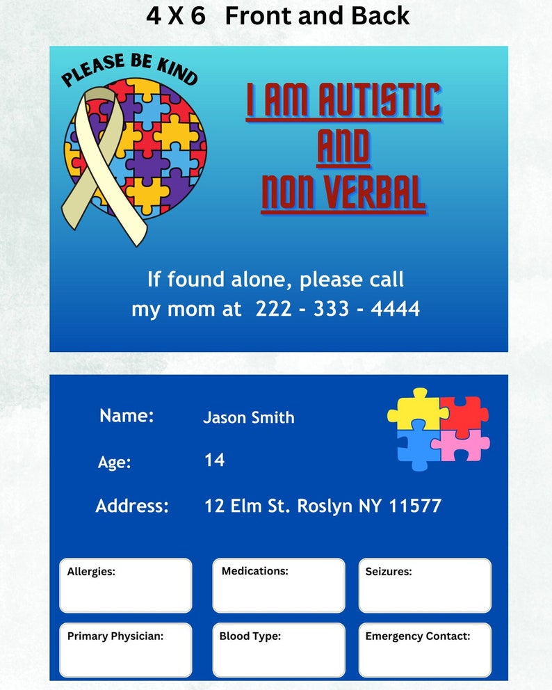 Autism ID Card, Autism Name Tag, Autism Emergency ID, Autism Safety Tag ...