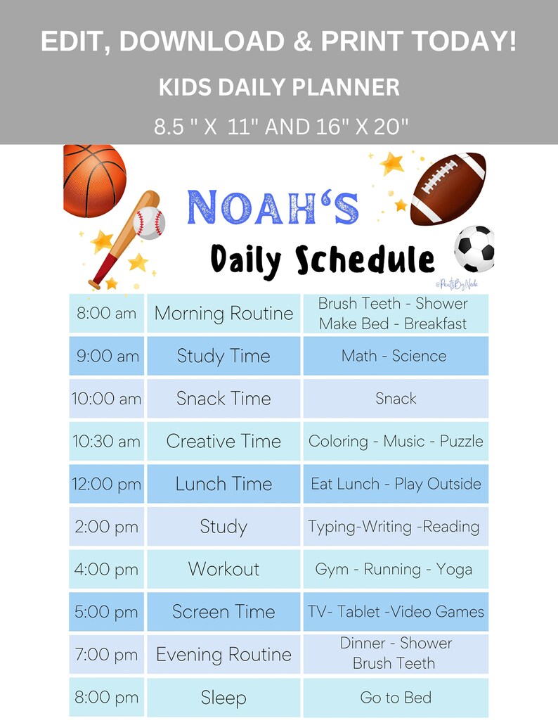 Sports Editable Home School Daily Planner, Editable Daily Routine ...