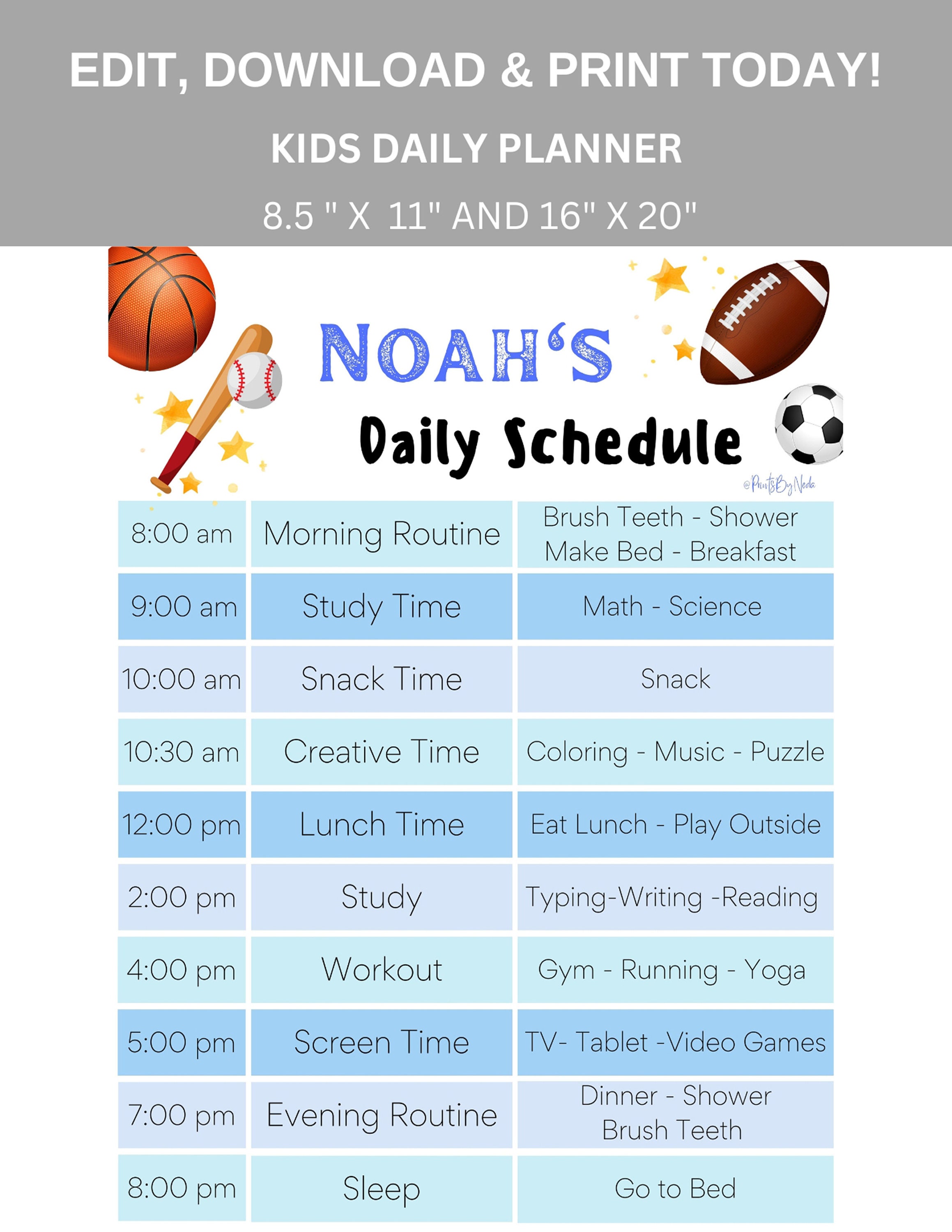 Sports Editable Home School Daily Planner, Editable Daily Routine ...