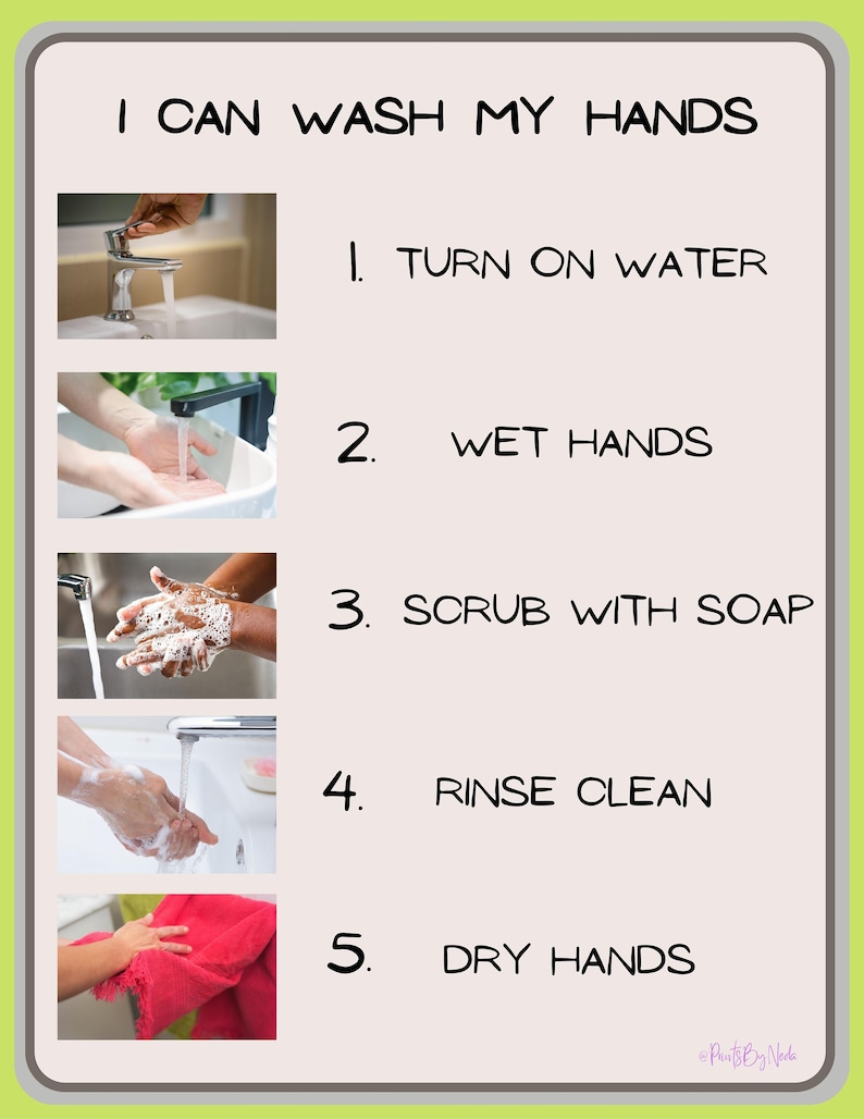 Hand Washing Sequence Chart With Real Photos, I Can Wash My Hands, 5-step Sequence Pictures and ...