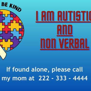 Autism ID Card, Autism Name Tag, Autism Emergency ID, Autism Safety Tag ...