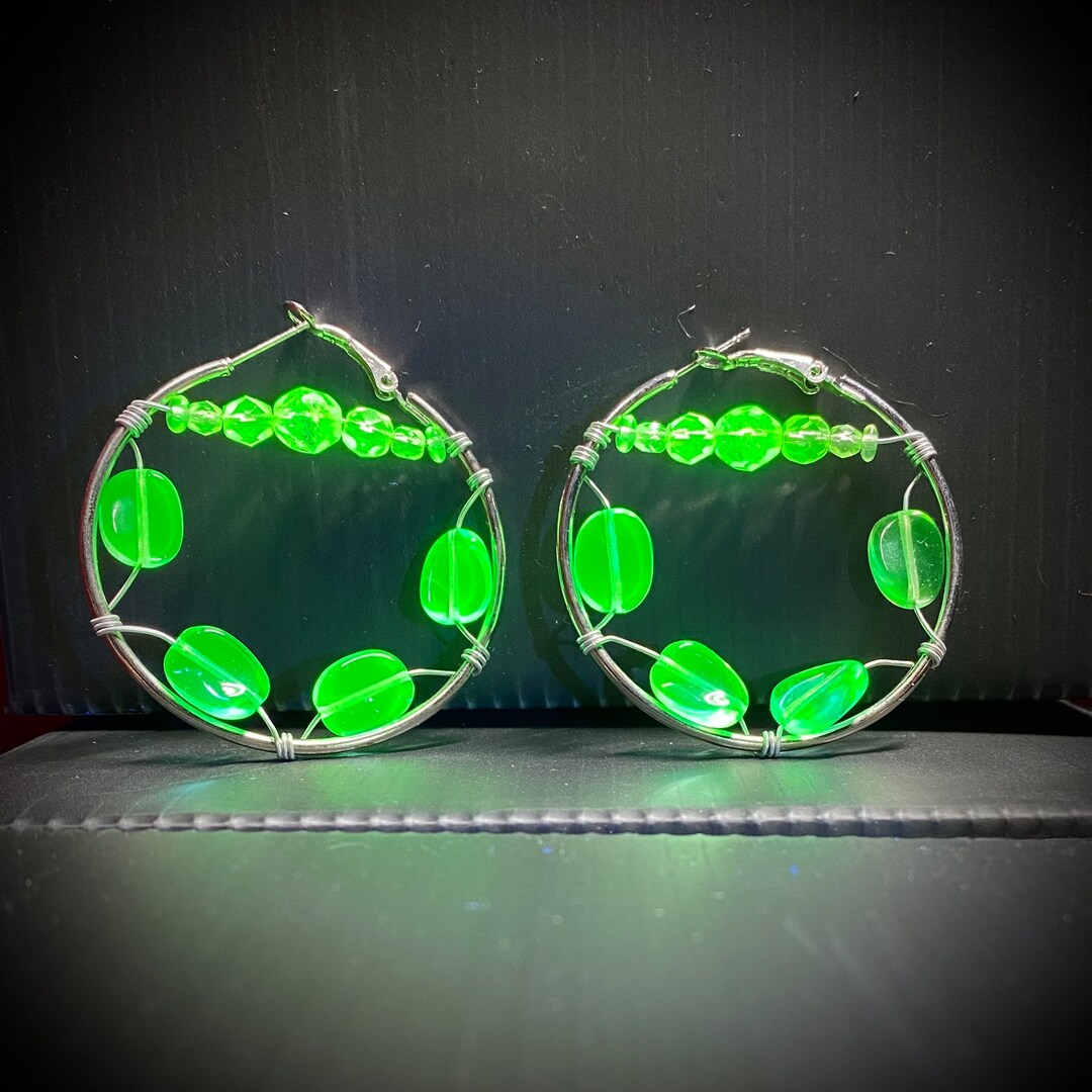 Uranium Glass Bead Wire Wrapped Hypoallergenic Stainless Steel Hoop ...