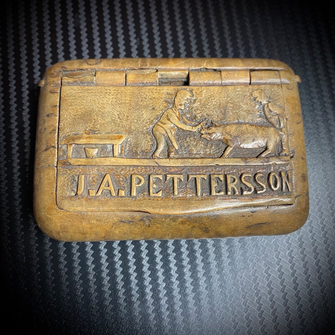 Antique Birch Wood Snuff Box 1800s Hand Carved: Two Men and a Pig in a ...