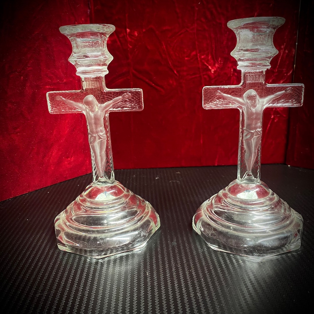 Vintage Crucifix Candle Holders (pair) Jesus on the Cross Clear and ...