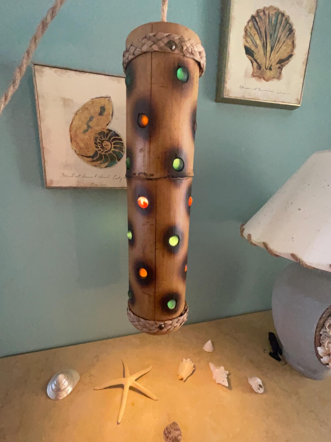 Tiki Bar Swag Light Real Bamboo Jade and Amber Cat Eyes Vintage Design ...