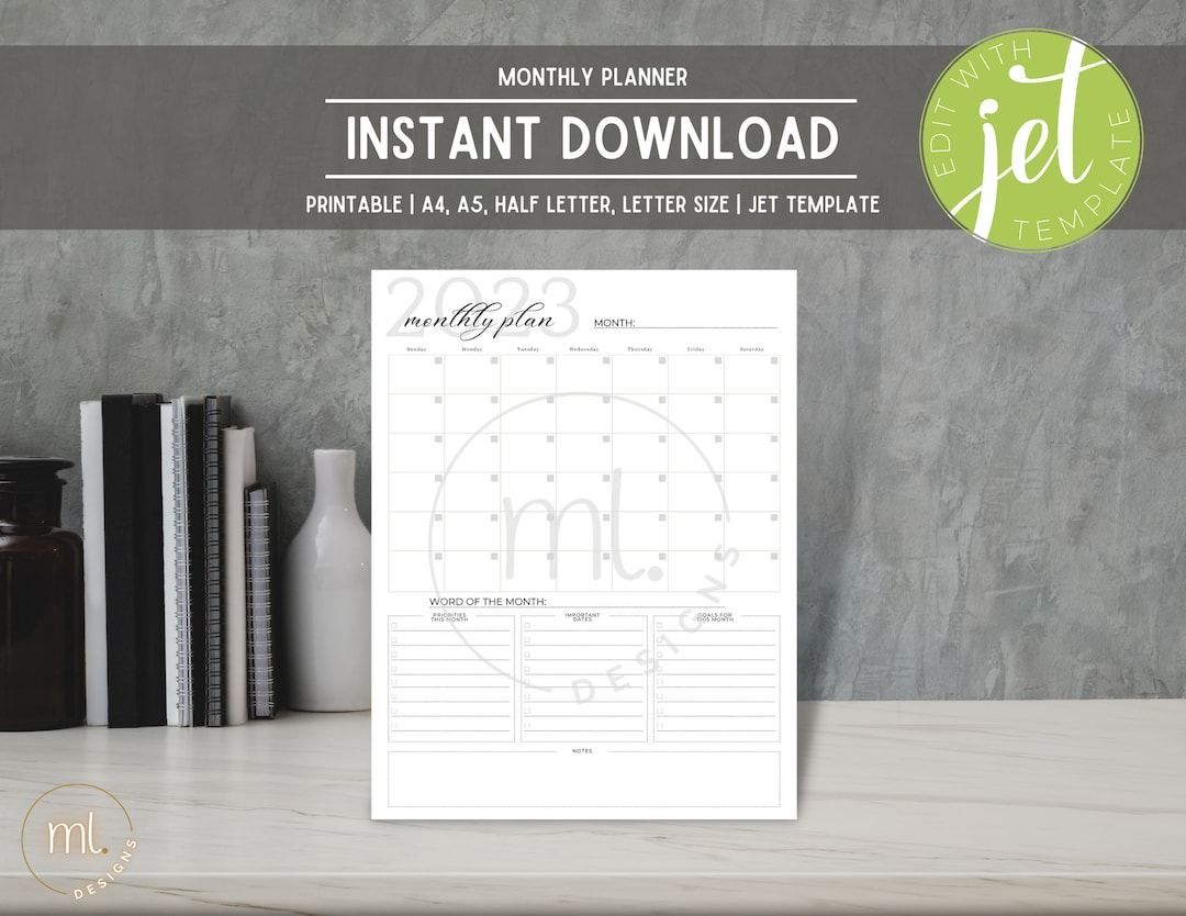 Monthly Calendar Planner | Printable Planner | Instant Download | A4 ...