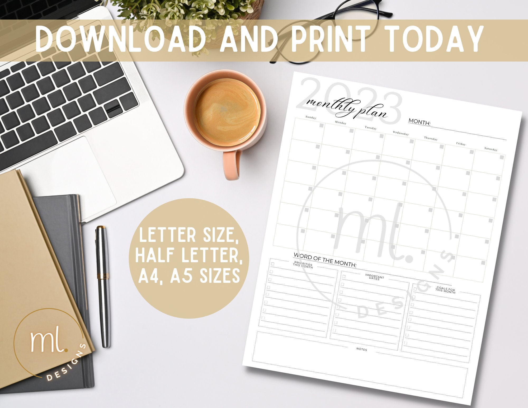 Monthly Calendar Planner | Printable Planner | Instant Download | A4 ...