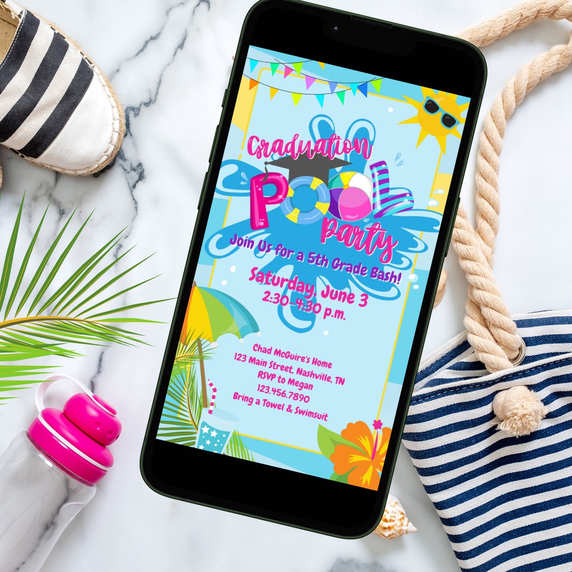 Digital Graduation Pool Party Invitation, Mobile Graduation Pool Party ...