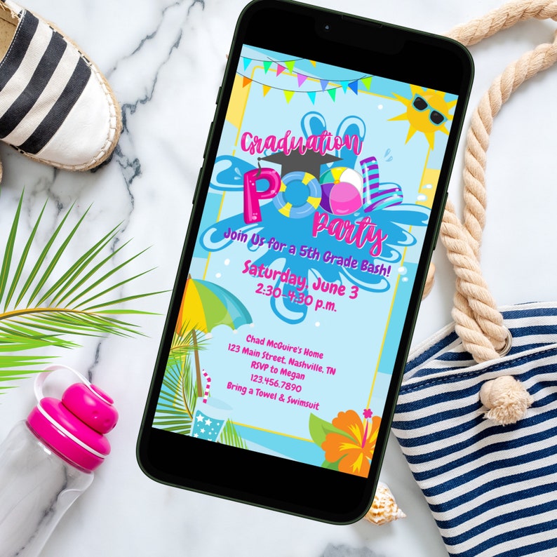 Digital Graduation Pool Party Invitation, Mobile Graduation Pool Party ...