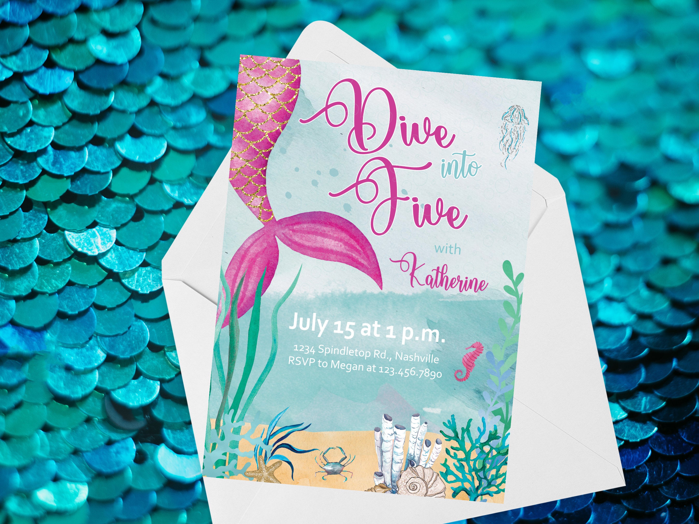 Dive Into Five Mermaid Birthday Invitation, Under the Sea Birthday ...