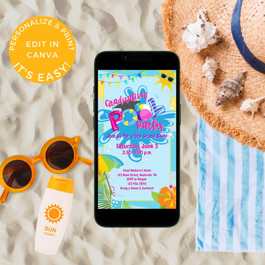 Digital Graduation Pool Party Invitation, Mobile Graduation Pool Party ...