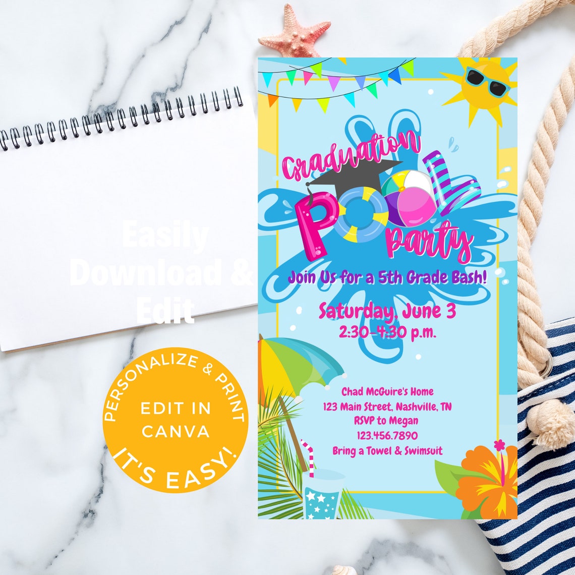 Digital Graduation Pool Party Invitation, Mobile Graduation Pool Party ...