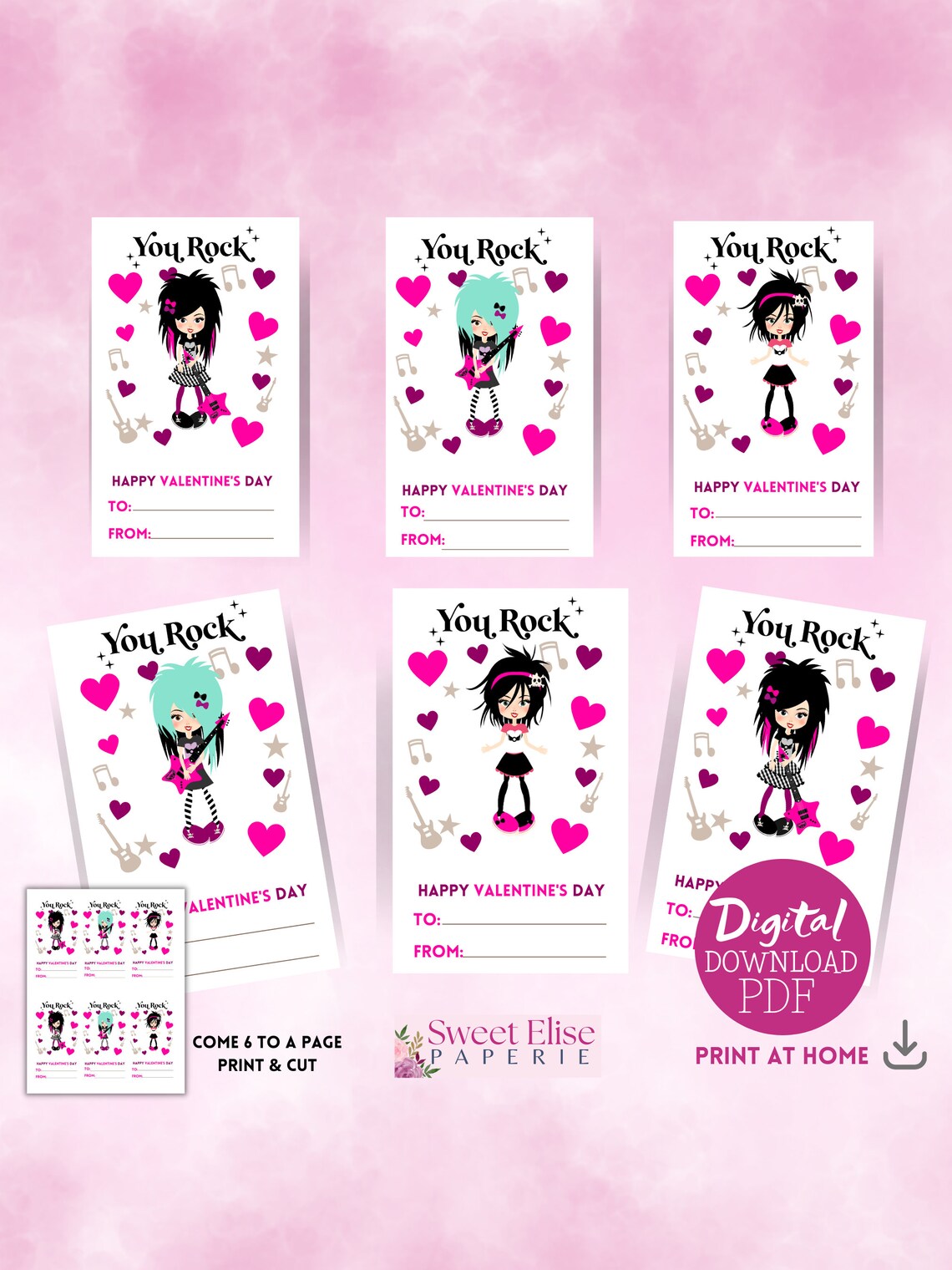 You Rock Valentine's Day Card Punk Rocker Guitar Music Printable Card ...