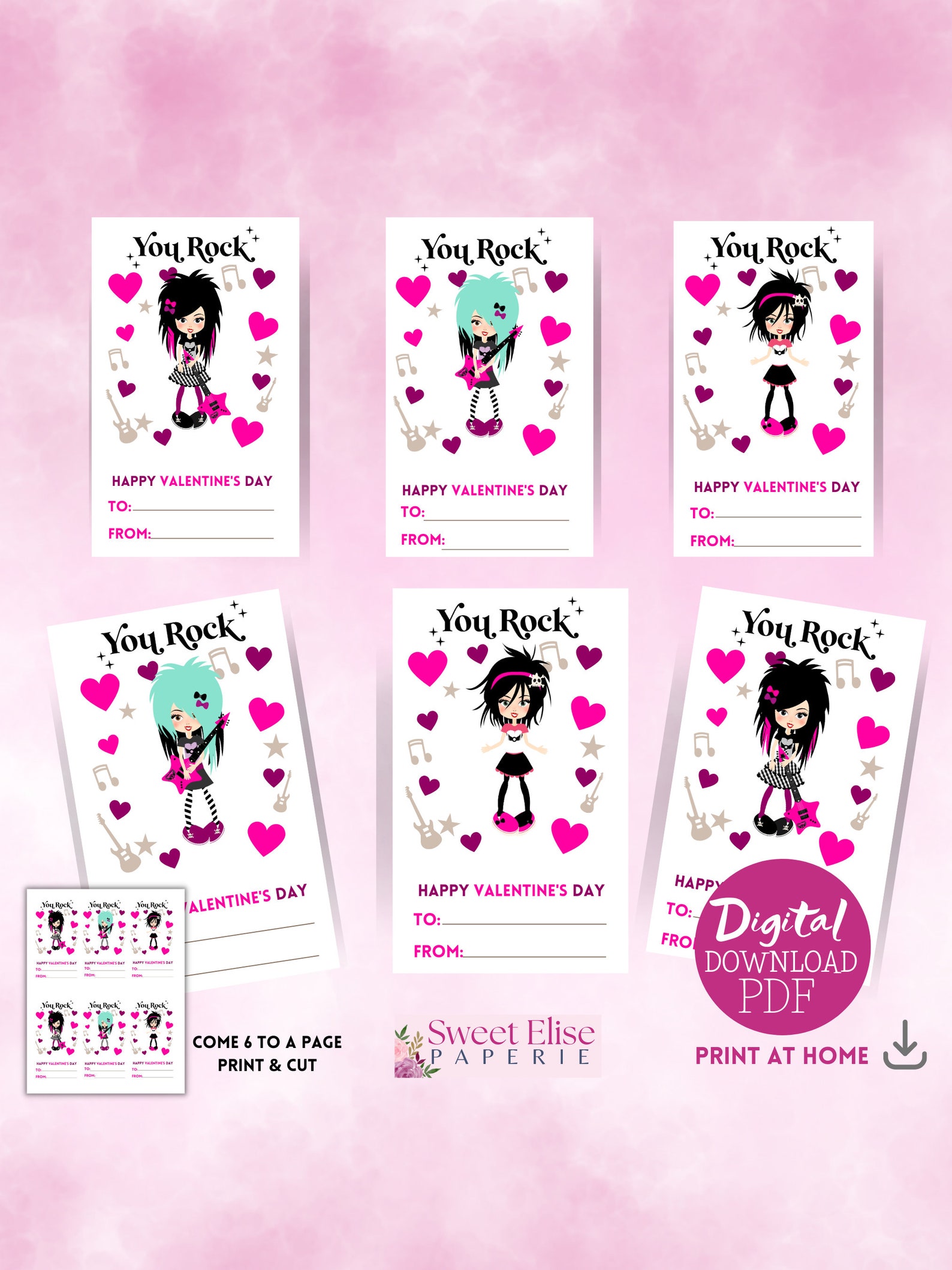 You Rock Valentine's Day Card Punk Rocker Guitar Music Printable Card ...