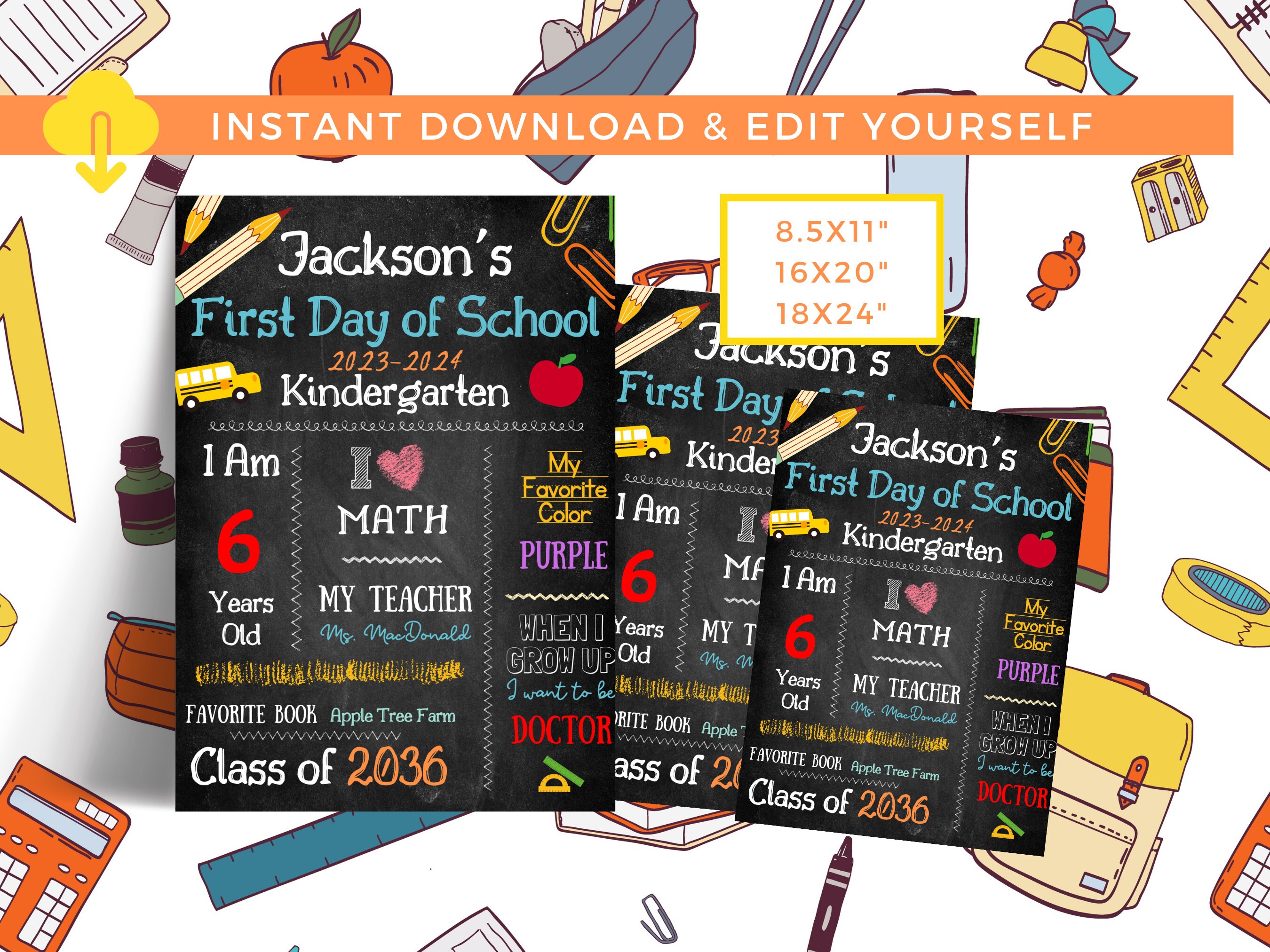 Chalkboard First Day of School Sign, Editable Back to School Sign ...