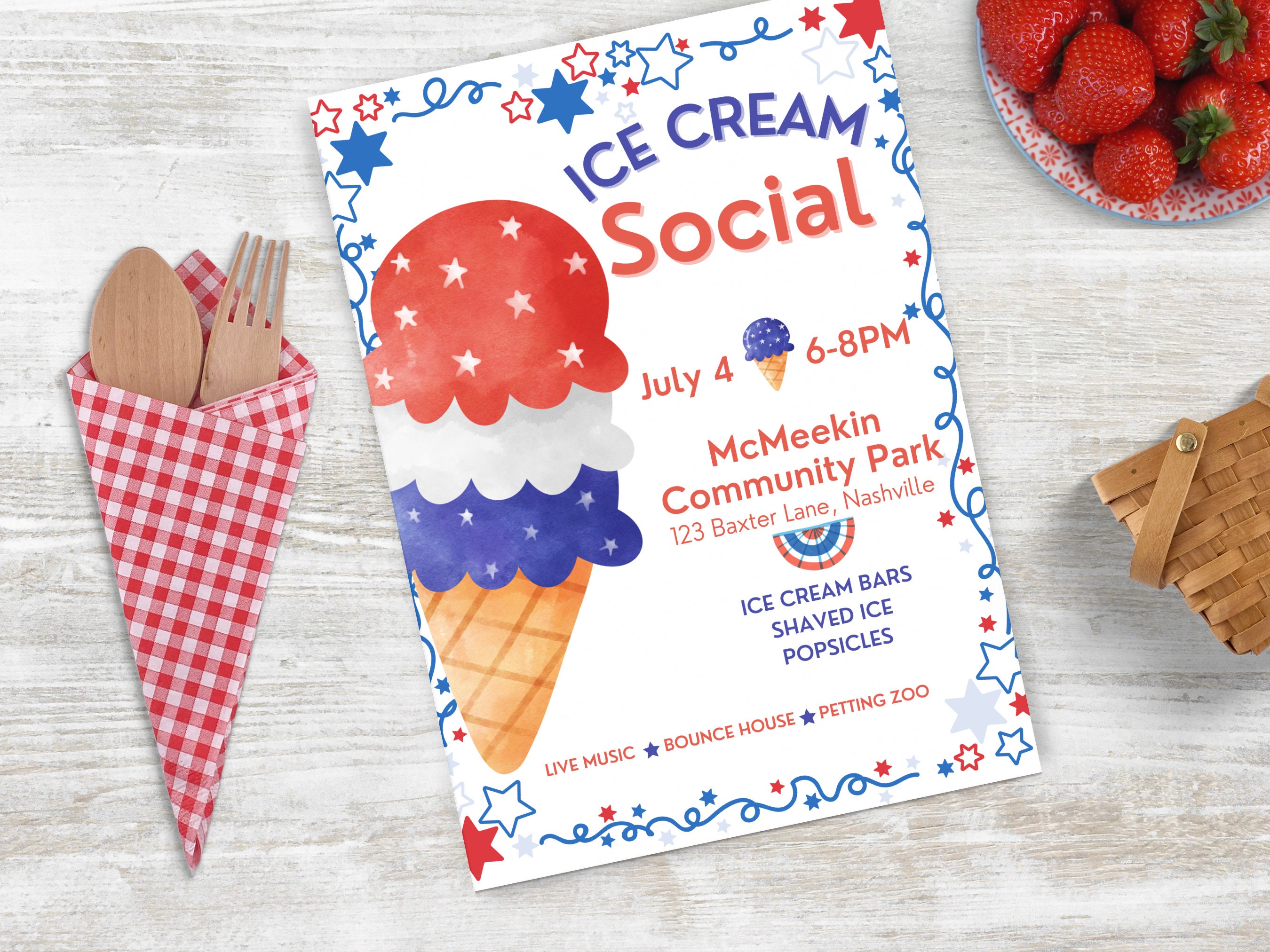 Editable July 4th Ice Cream Social Flyer Patriotic Birthday ...