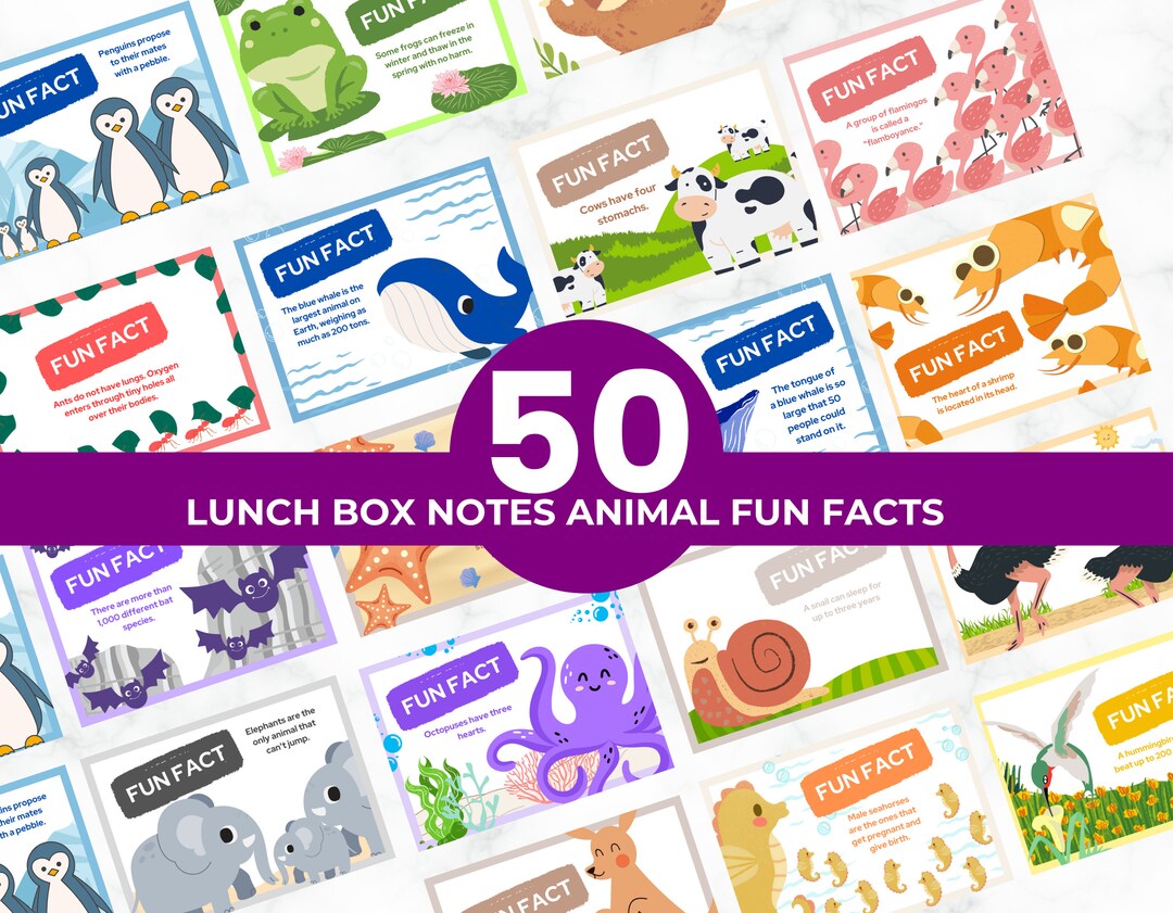 Lunch Box Notes Bundle of 50 Animal Fun Facts for Kids, Printable Lunch ...