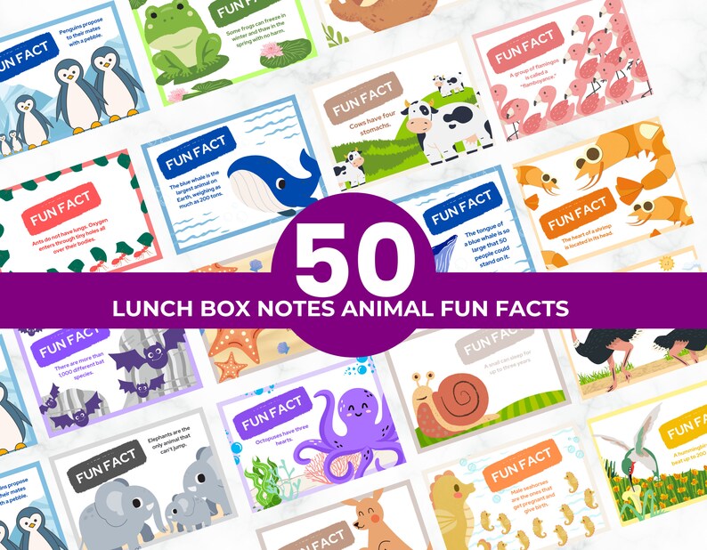 Lunch Box Notes Bundle of 50 Animal Fun Facts for Kids, Printable Lunch ...