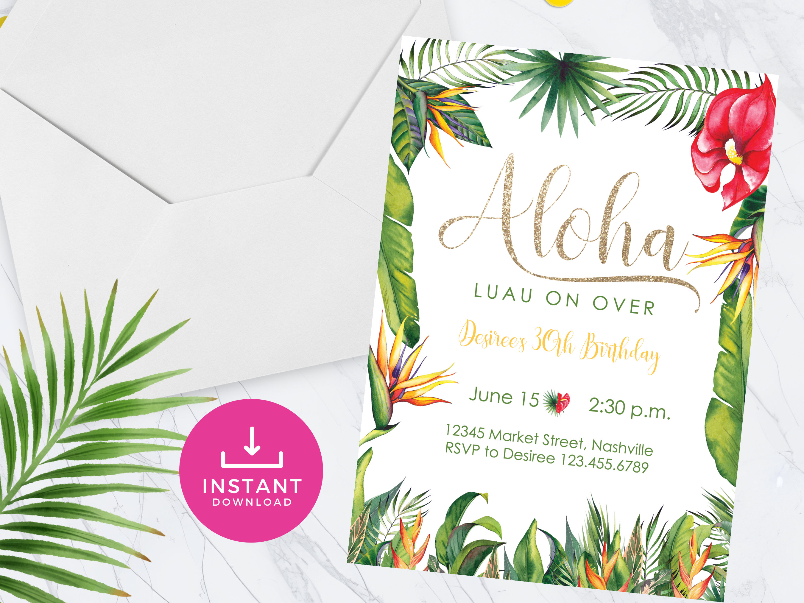 Aloha Birthday Invitation Download & Edit, Luau Summer Birthday Party ...