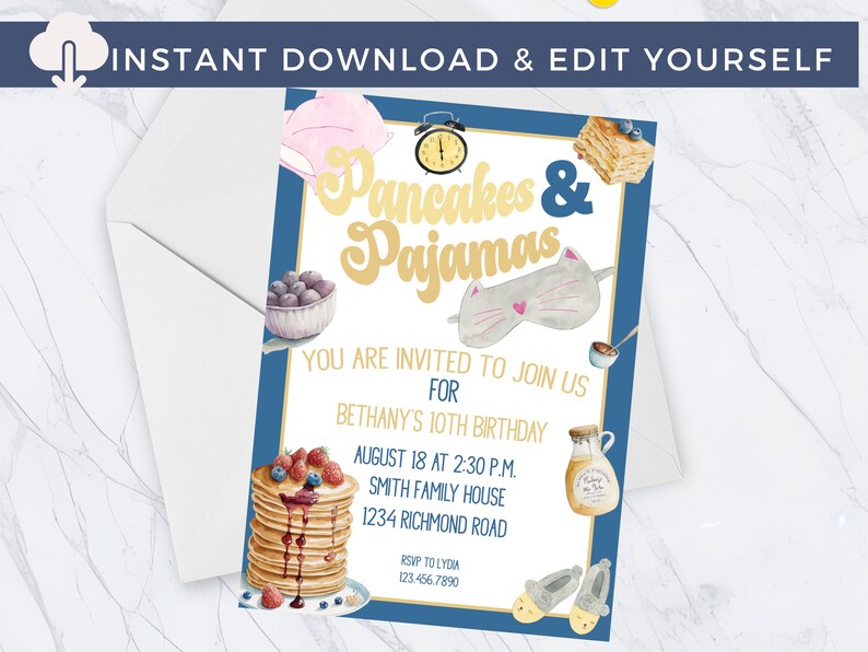 Pancake & Pajamas Birthday Invitation: Tween Slumber Party (editable ...