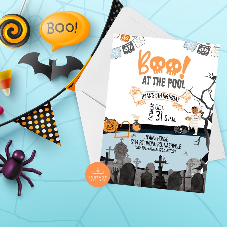 Halloween Birthday Pool Party Invitation, Halloween Pool Party Invite ...