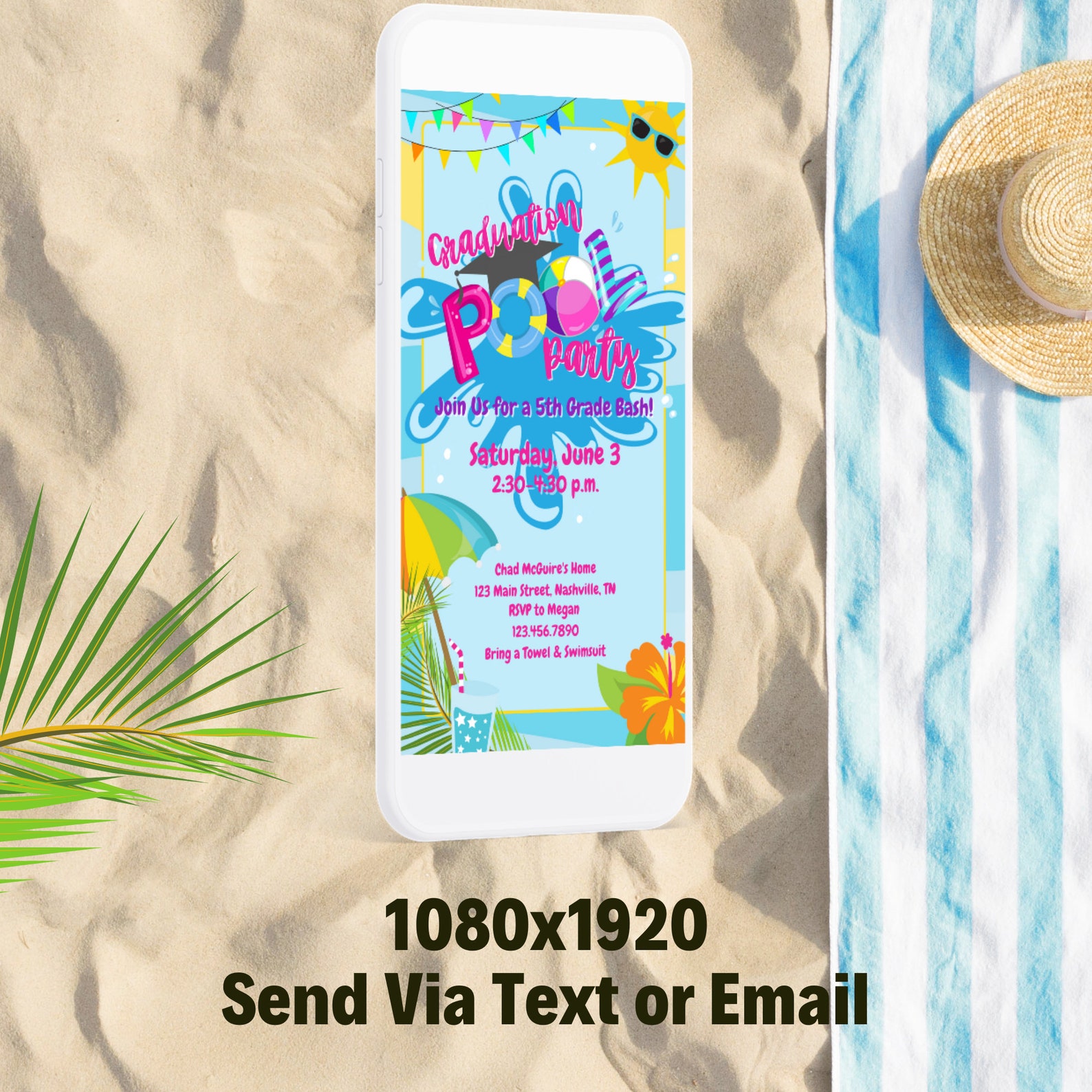 Digital Graduation Pool Party Invitation, Mobile Graduation Pool Party ...