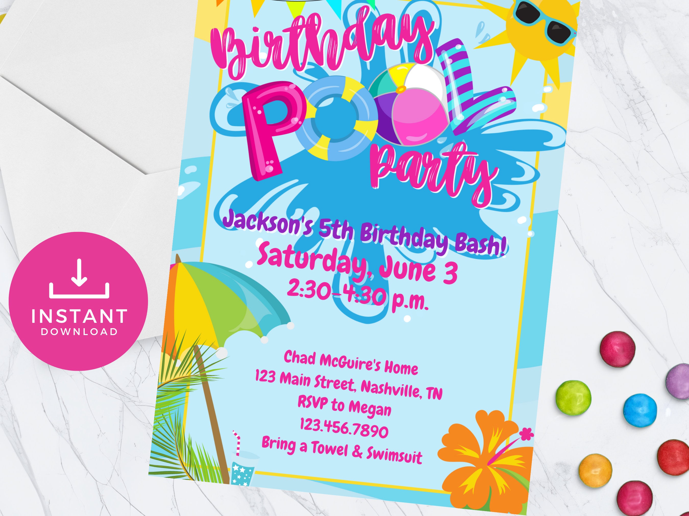 Pool Party Invitation Summer Party Invite, Teenage Pool Party, Water ...