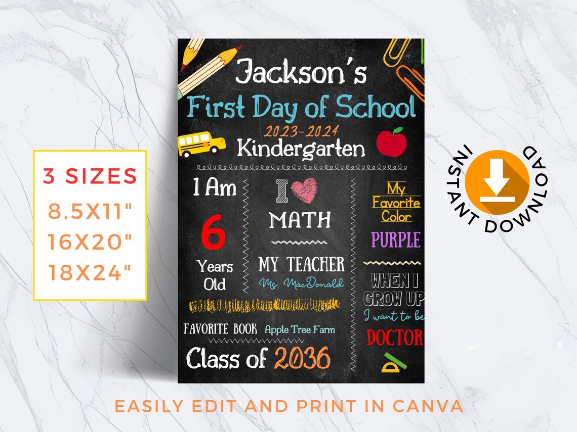 Chalkboard First Day of School Sign, Editable Back to School Sign ...