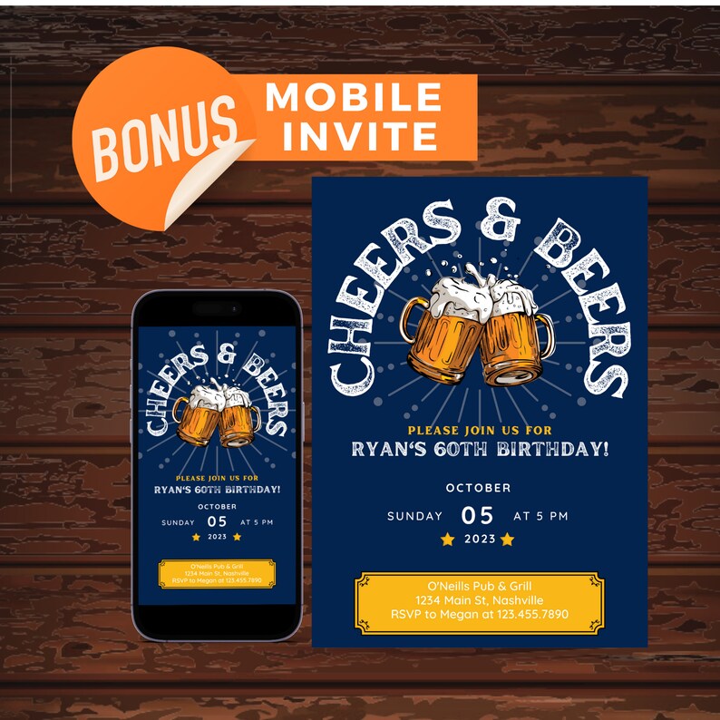 Cheers & Beers Birthday Invitation and BONUS Mobile Invite, Adult Pub ...