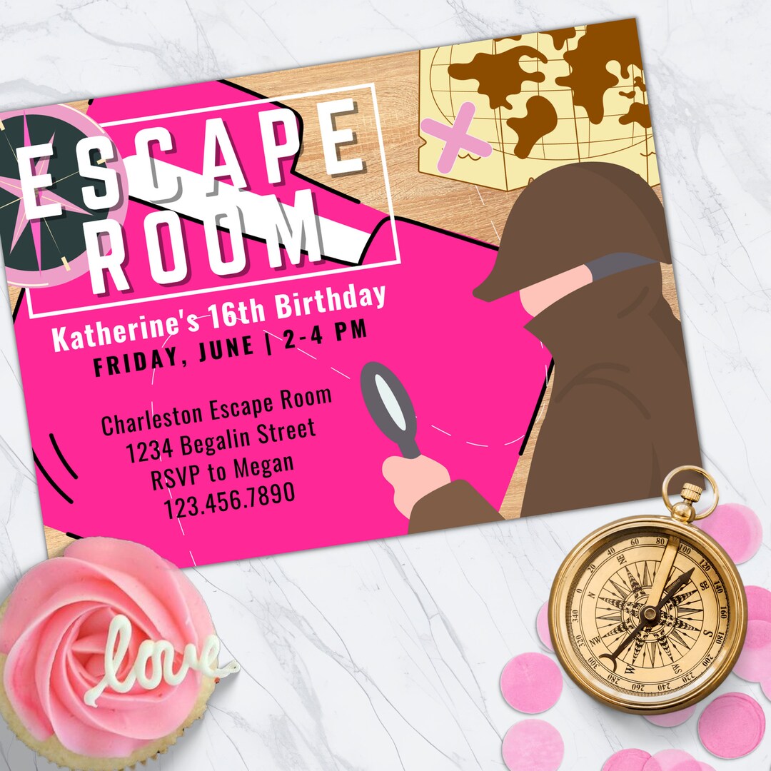 Girl Escape Room Invitation Canva Template, Escape Room Party Invite ...