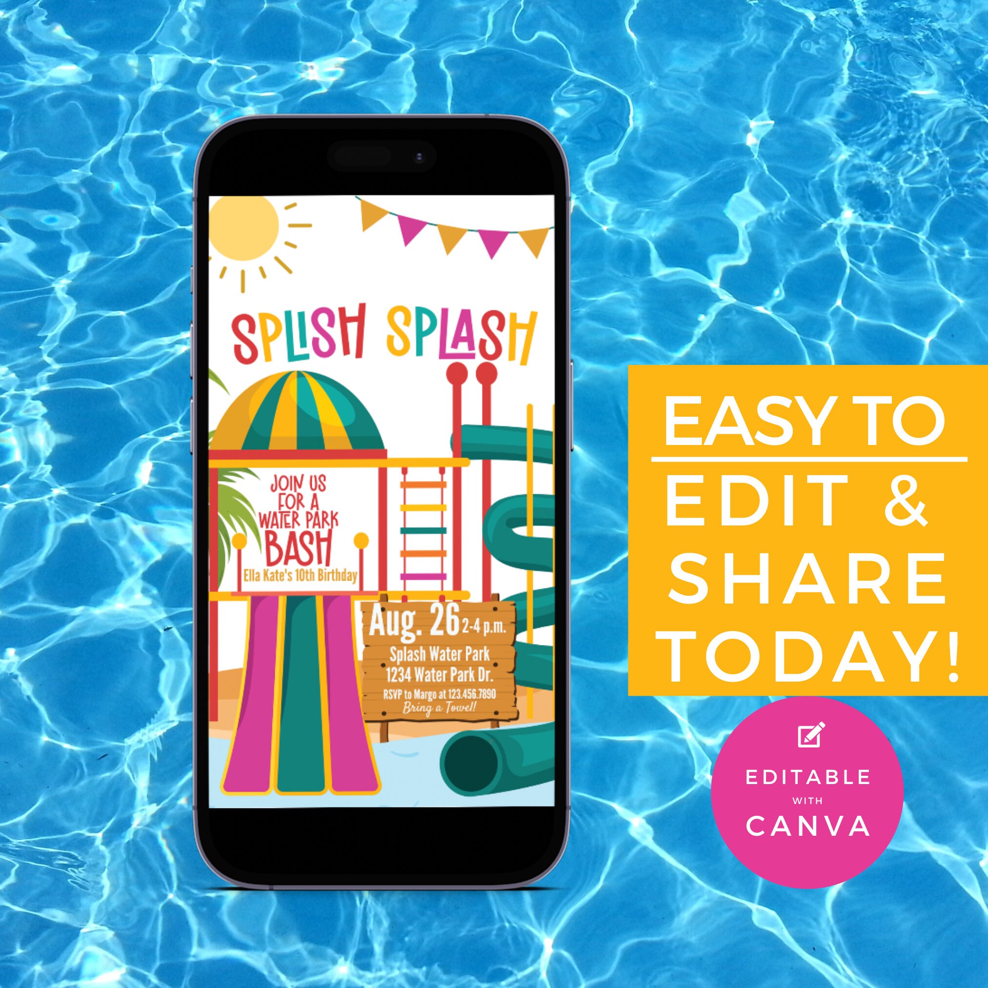 TEXT Invite Water Park Birthday Party, Waterslide Invite, Pool Party ...