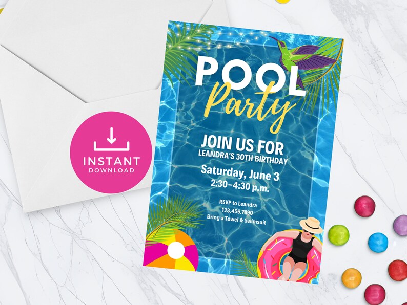 Editable Pool Party Invitation, Tropical Girly Pool Party Invitation ...