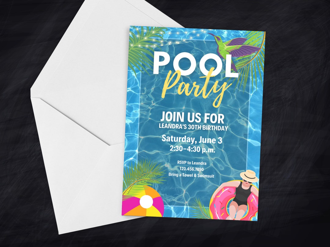 Editable Pool Party Invitation, Tropical Girly Pool Party Invitation ...