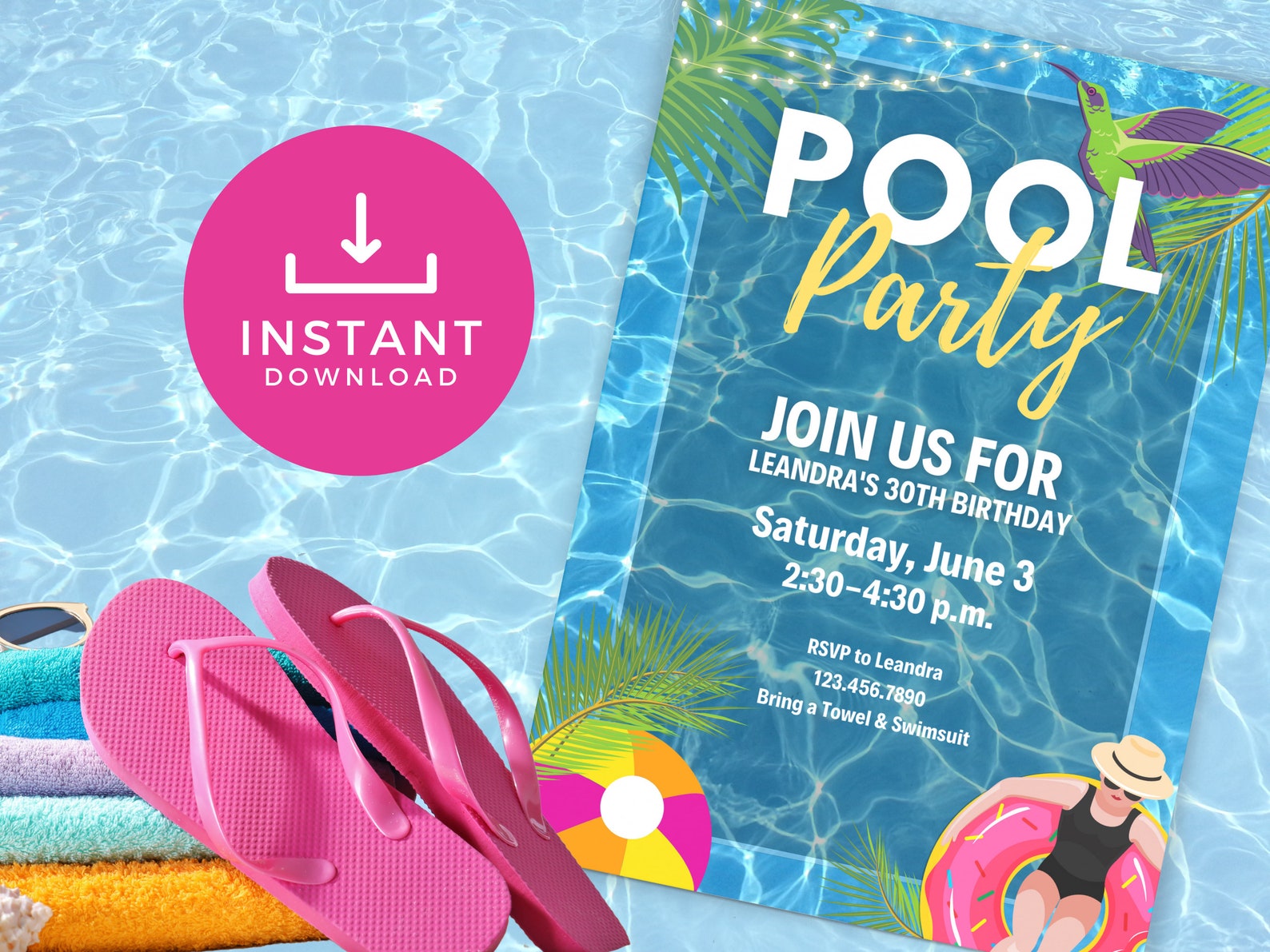 Editable Pool Party Invitation, Tropical Girly Pool Party Invitation ...