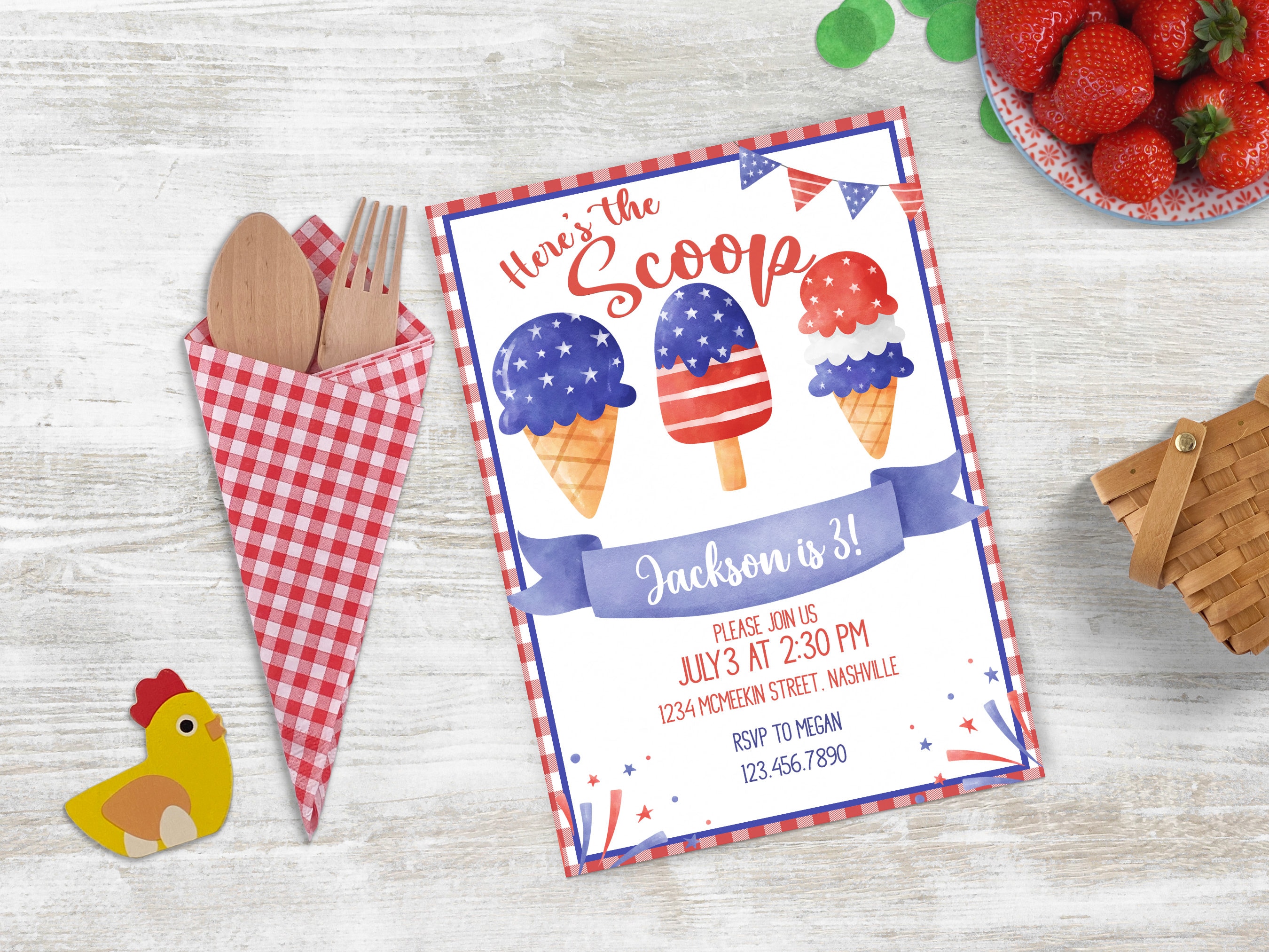 Editable July 4th Ice Cream Birthday Invitation Patriotic Birthday Red ...