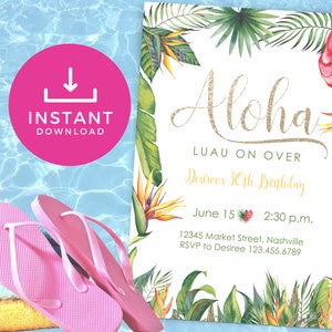 Aloha Birthday Invitation Download & Edit, Luau Summer Birthday Party ...