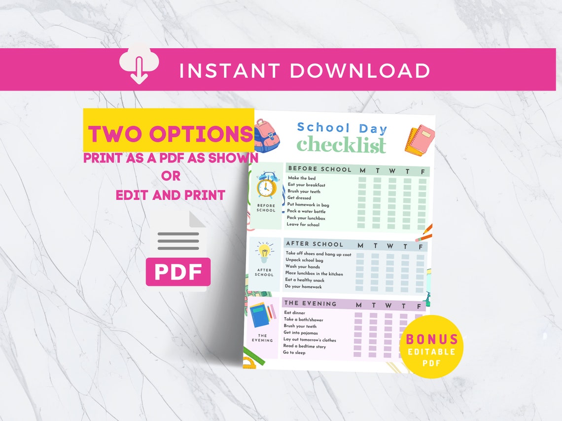 School Day Checklist, Schedule Daily Planner for Kids, Before School ...