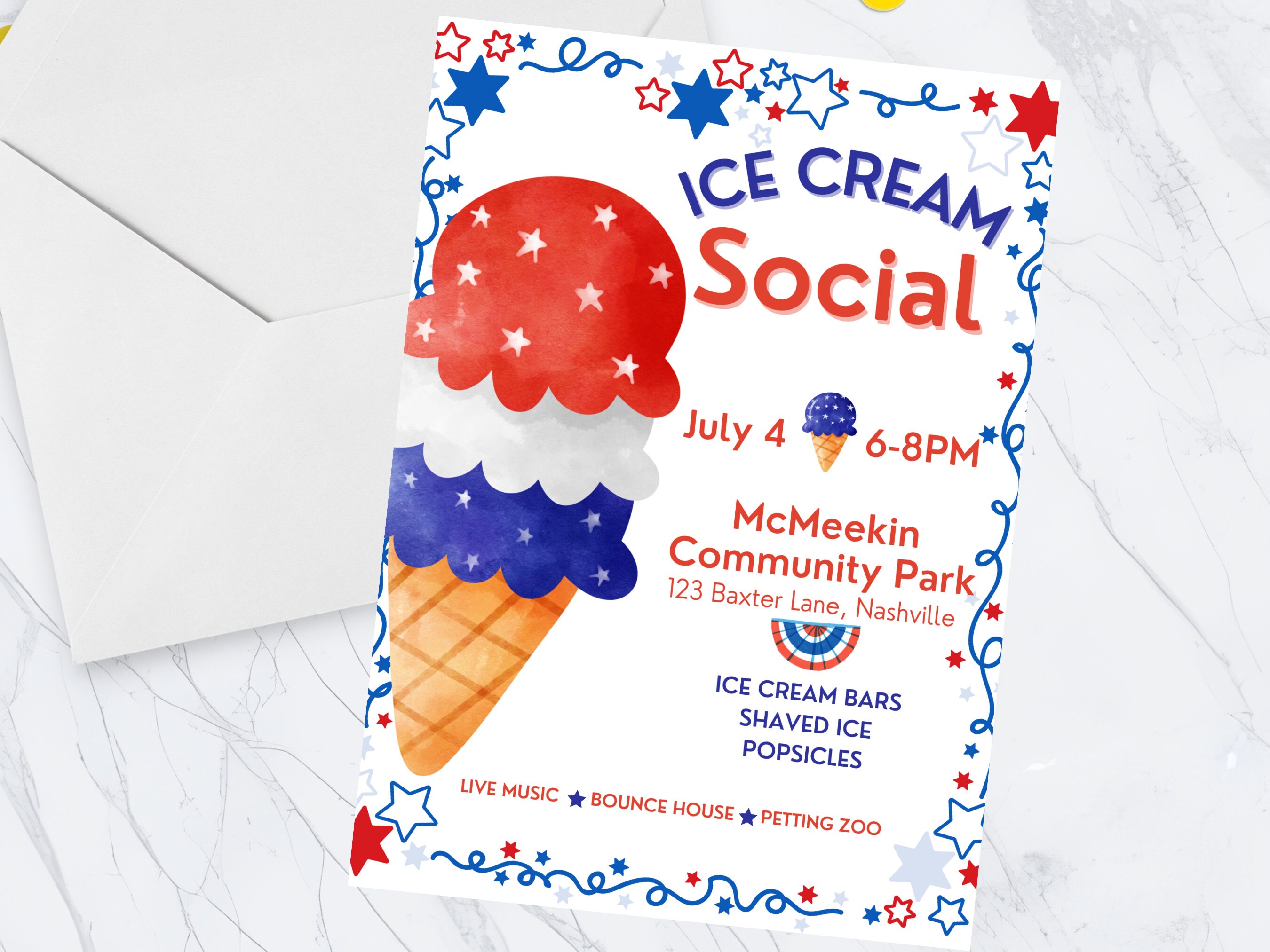 Editable July 4th Ice Cream Social Flyer Patriotic Birthday ...