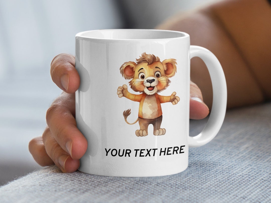 Cute Lion Cub Cartoon Mug, Custom Text Personalized Coffee Cup, Animal ...