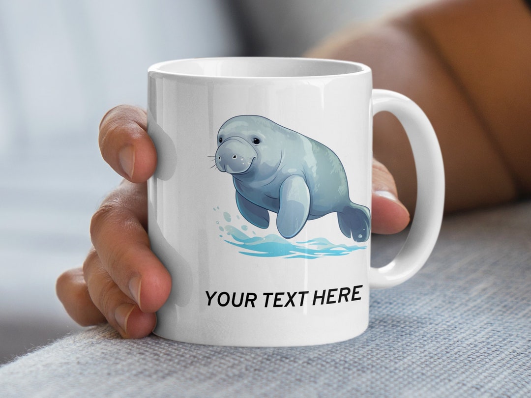 Adorable Manatee Cartoon Mug, Cute Sea Cow Graphic Coffee Cup ...