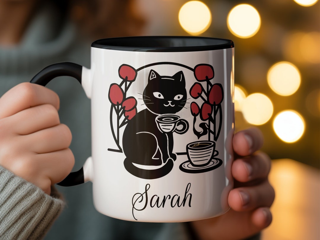 Personalized Cat Lover Coffee Mug, Custom Name Black Cat and Balloons ...