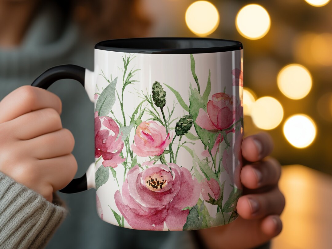 Watercolor Floral Mug, Pink Flowers Coffee Cup, Elegant Botanical Tea ...