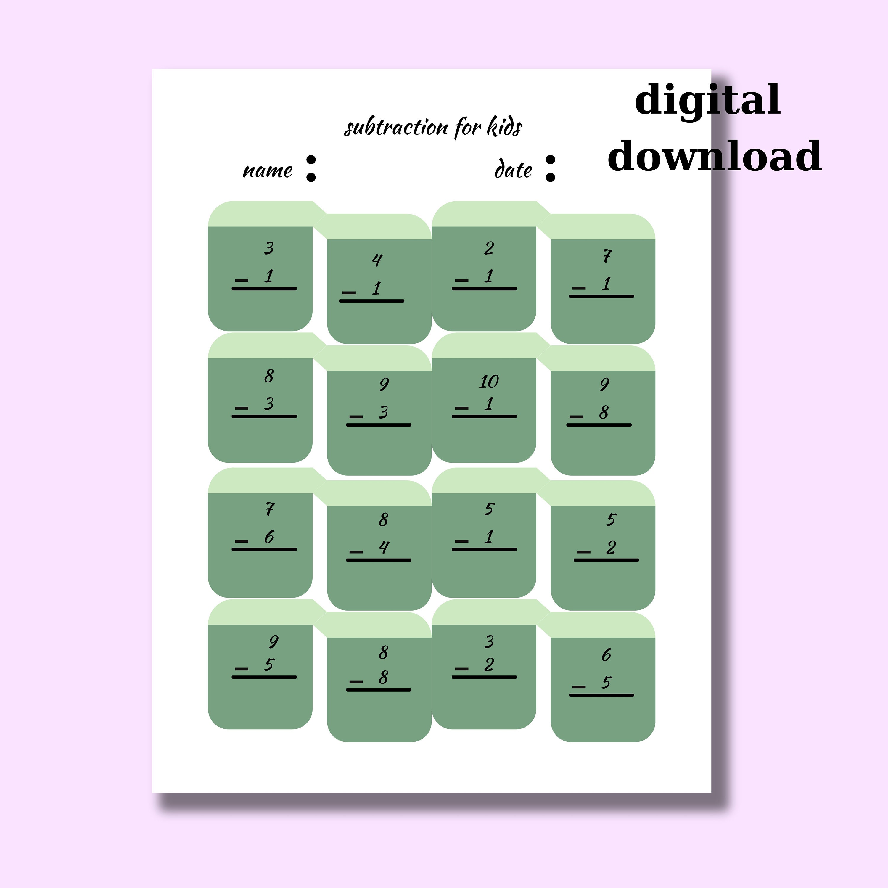 Math Subtraction Pages Decorated With Shapes for Kids, Simple Math ...
