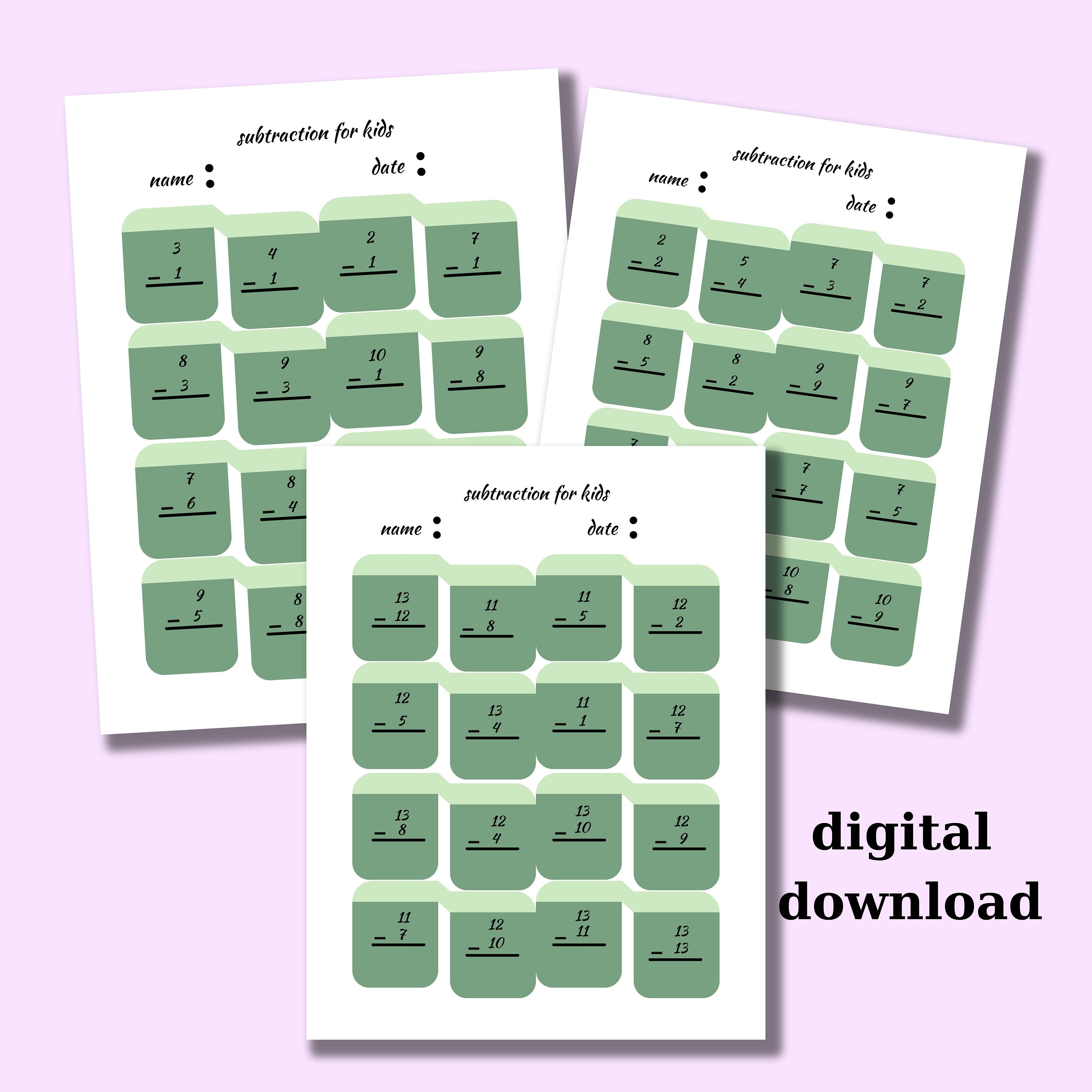 Math Subtraction Pages Decorated With Shapes for Kids, Simple Math ...