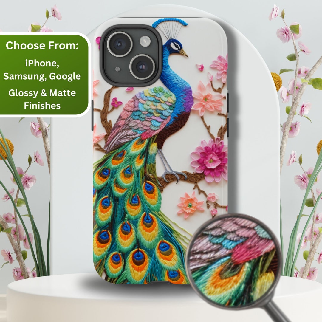 Peacock Phone Cover, Peacock Embroidery Effect Phone Case, Colorful ...